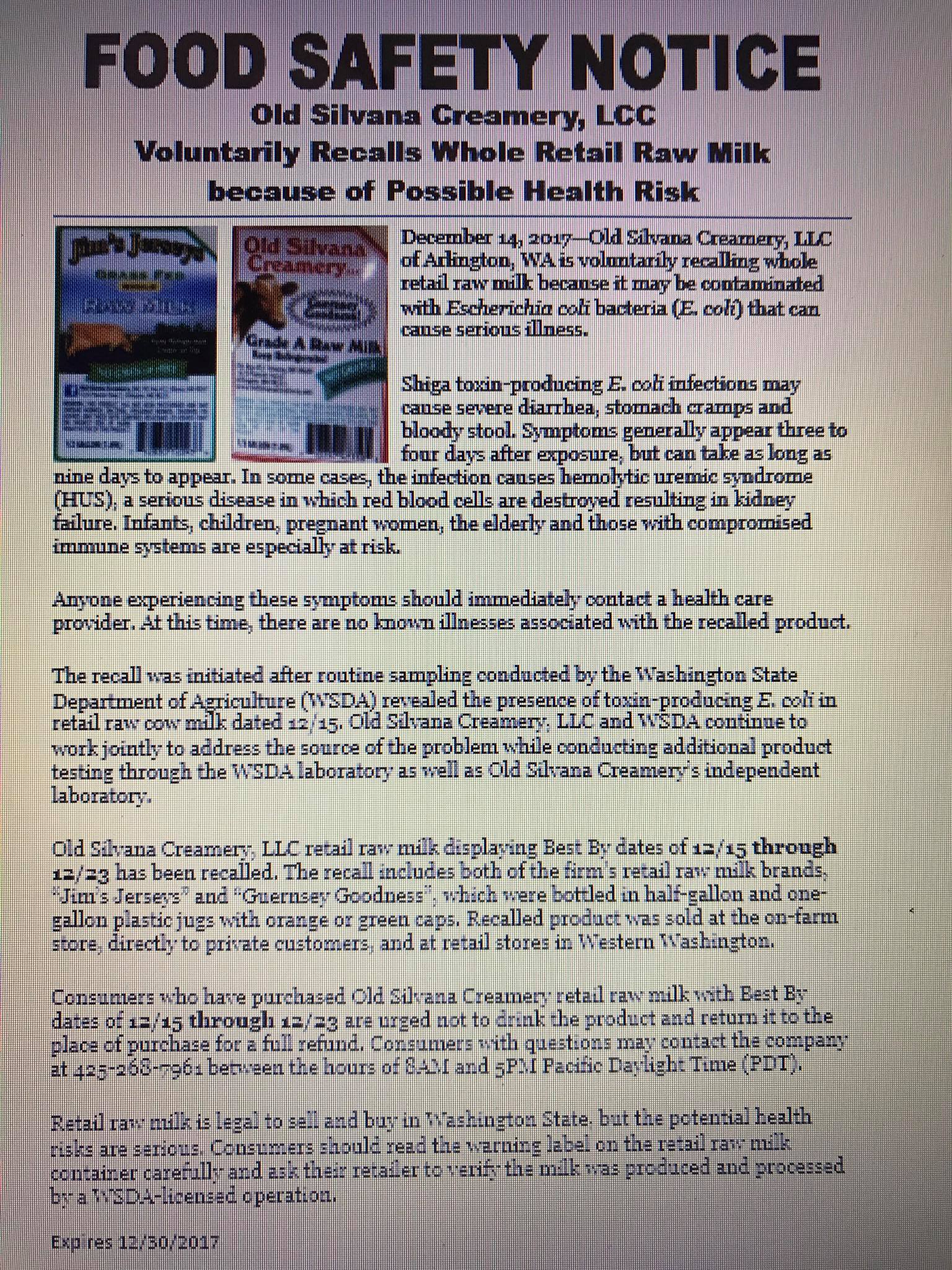 Raw Milk Recalled from Old Silvana Creamery because of E. coli | Marler ...